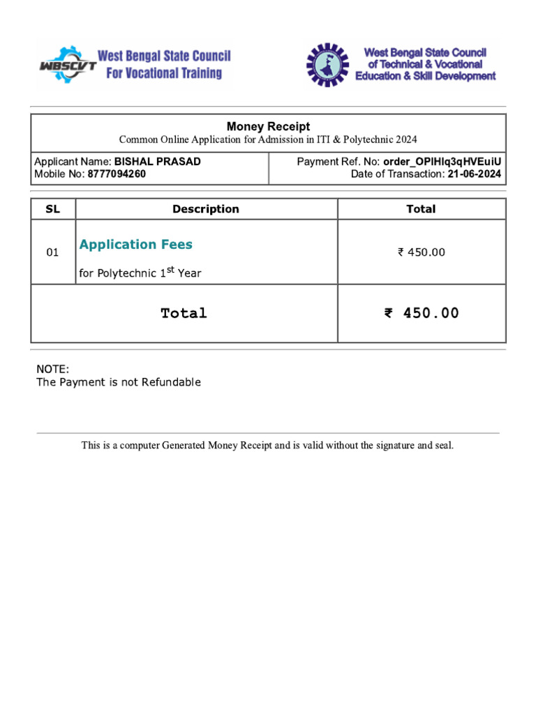 Bishal Polytechnic Reciept | PDF
