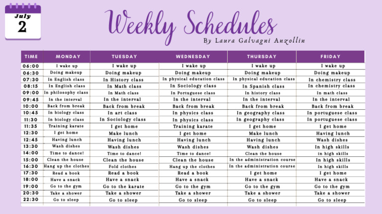 Weekly Schedule Overview by Laura Anzollin | PDF
