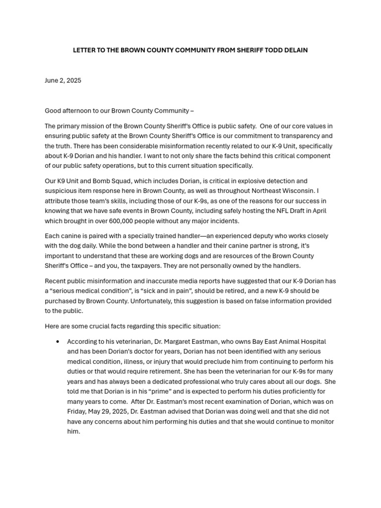 Letter To The Community About K9 Dorian | PDF | Police Dog