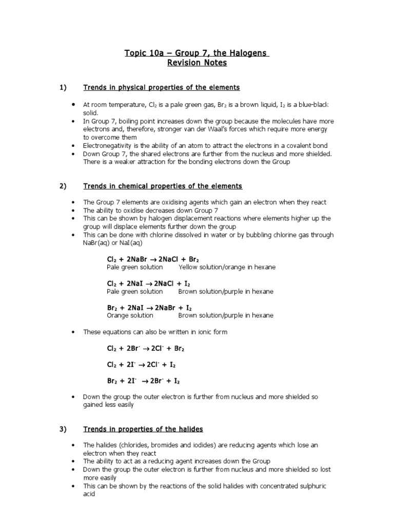 As Topic 10 Notes - Groups 2 & 7 | PDF | Chlorine | Redox