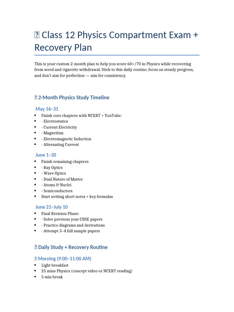 2-Month Physics Study & Recovery Plan | PDF