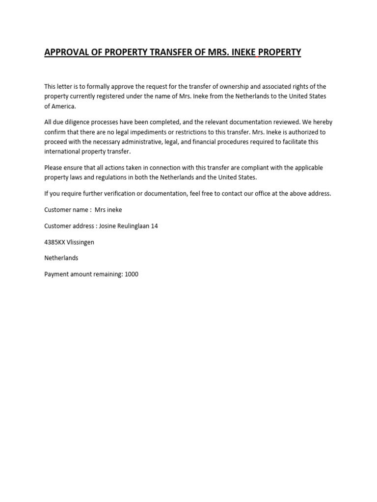 Approval for Mrs. Ineke's Property Transfer | PDF
