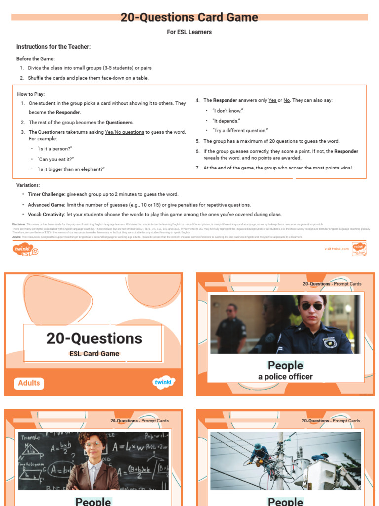 T 1735814814 Esl 20 Questions Card Game Adults A1 A2 Ver 1 | PDF ...
