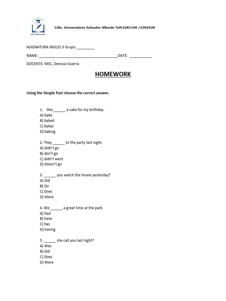 Simple Past Homework Exercises | PDF