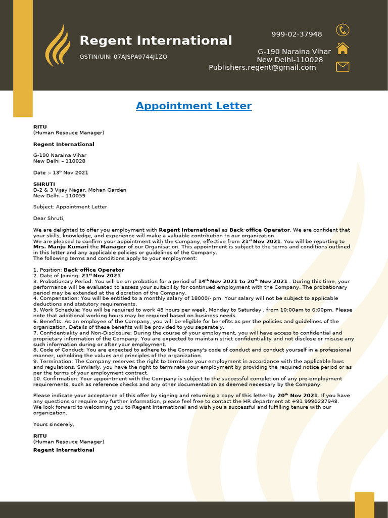 Appointment Letter for Back-office Operator | PDF | Employment | Business