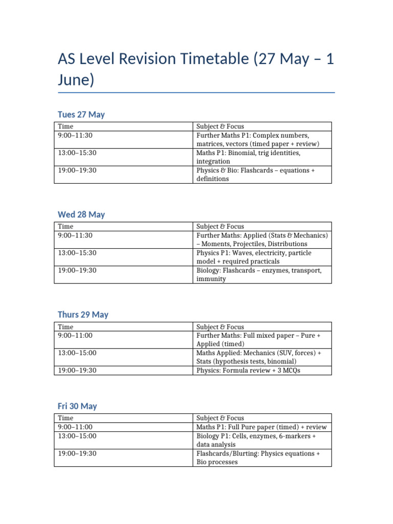 As Level Revision Timetable Updated 27 May To 1 June | PDF