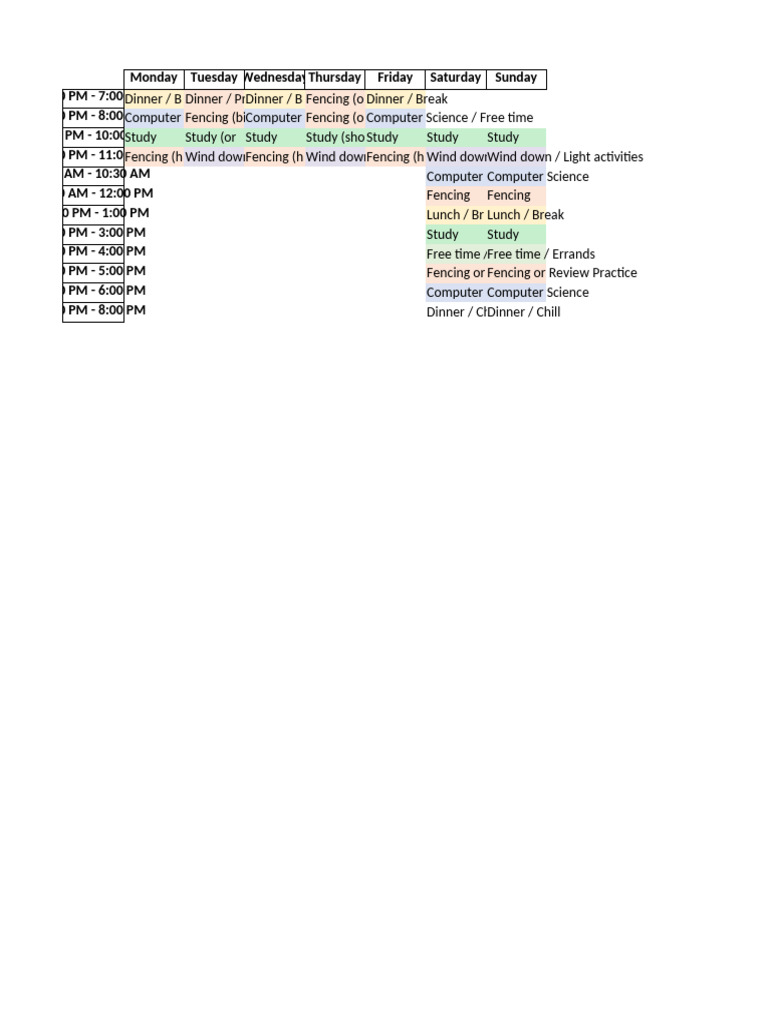 Weekly Timetable Checkboxes | PDF