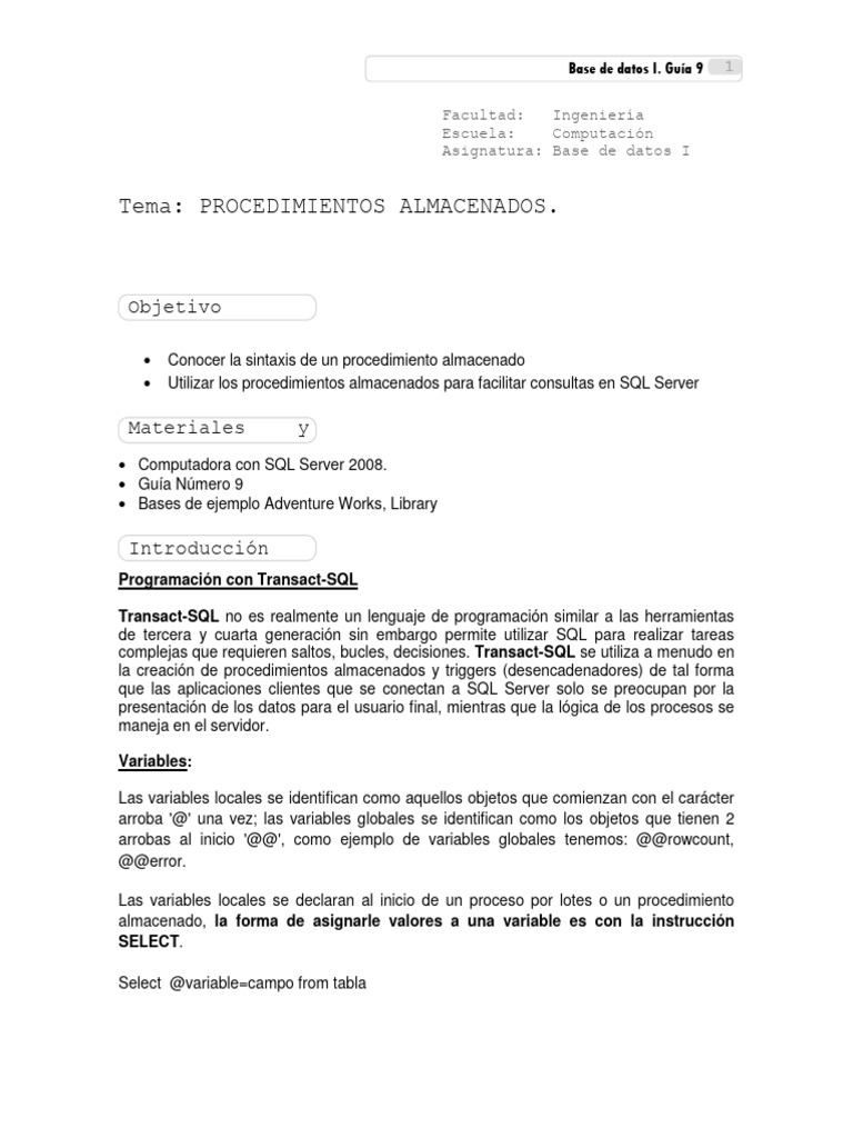 Procedimientos Almacenados02 | PDF | SQL | Servidor SQL de Microsoft