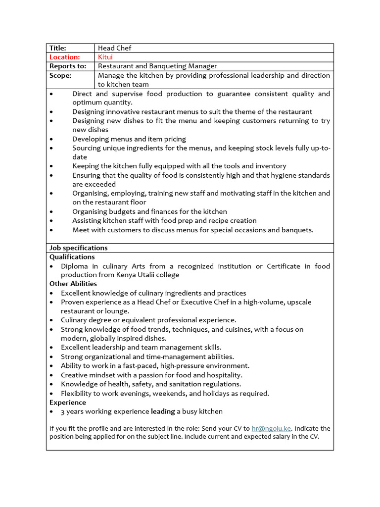 Head Chef Qualifications and Role | PDF