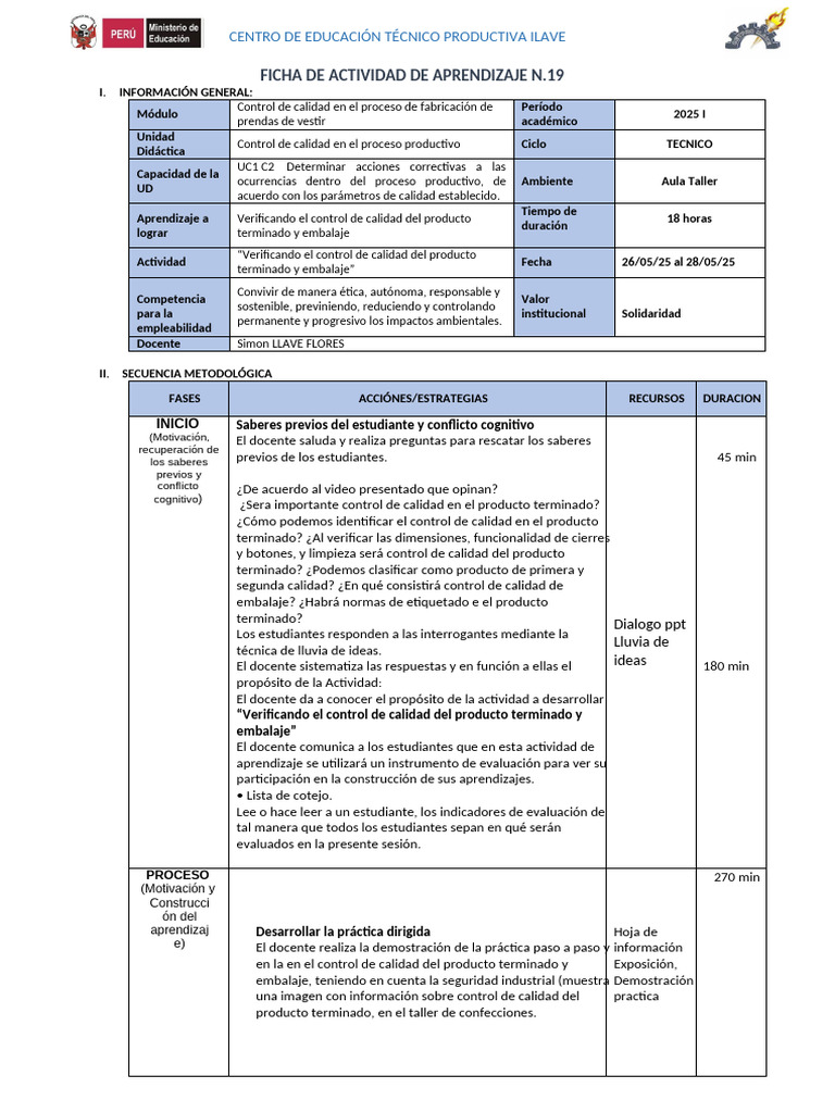 Ficha de Actividad #19-3raUA. 2025 | PDF | Evaluación | Metacognición