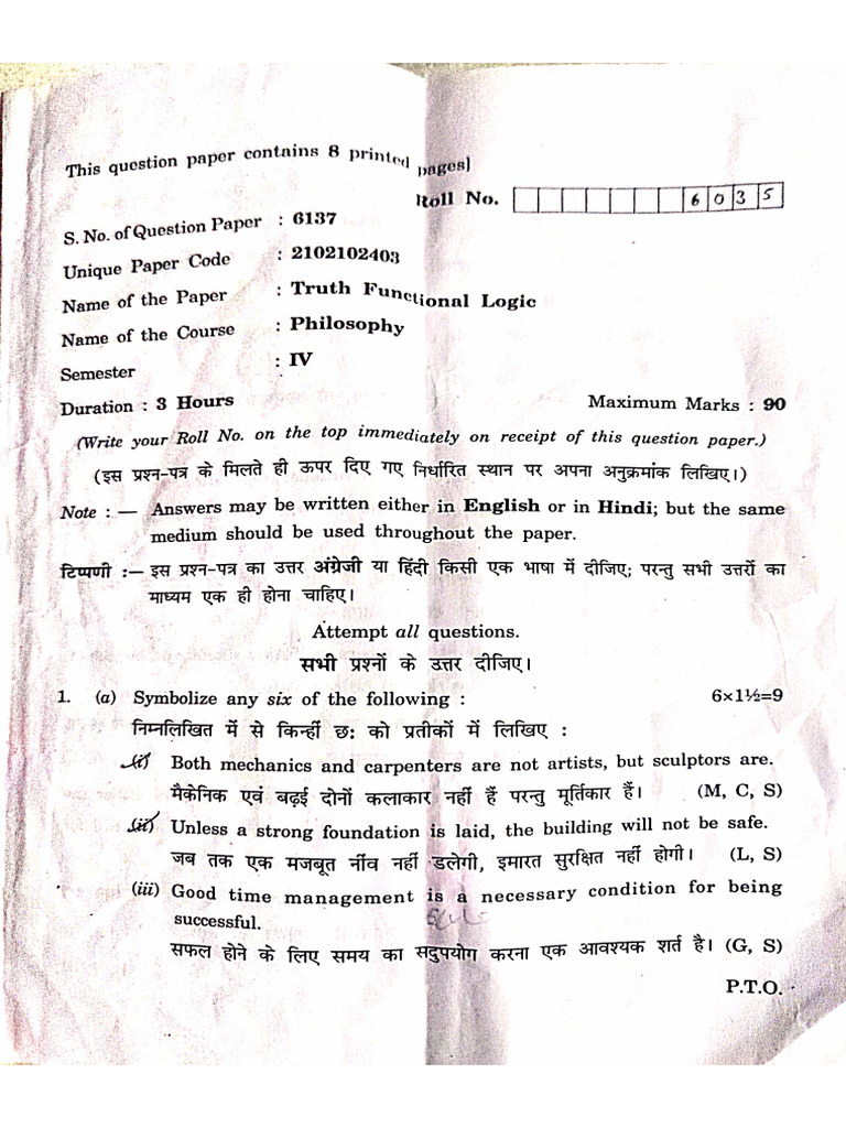 PYQ of Sem 4 Truth Functional Logic | PDF