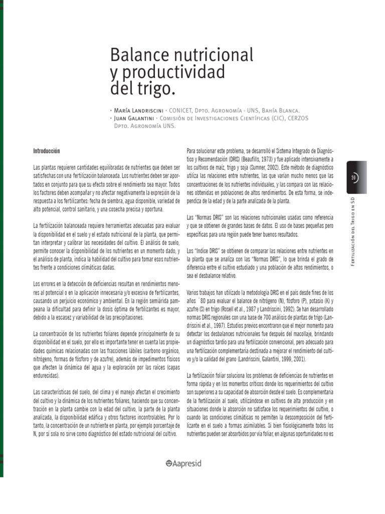 Balance Nutricional y Productividad Del Trigo 20042005 | PDF ...