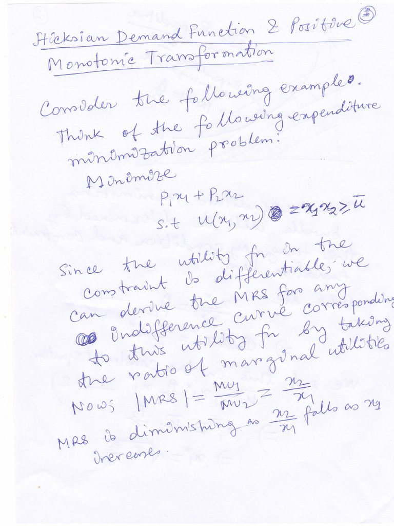 Hicksian Demand Functions & Positive Monotonic Transformations | PDF