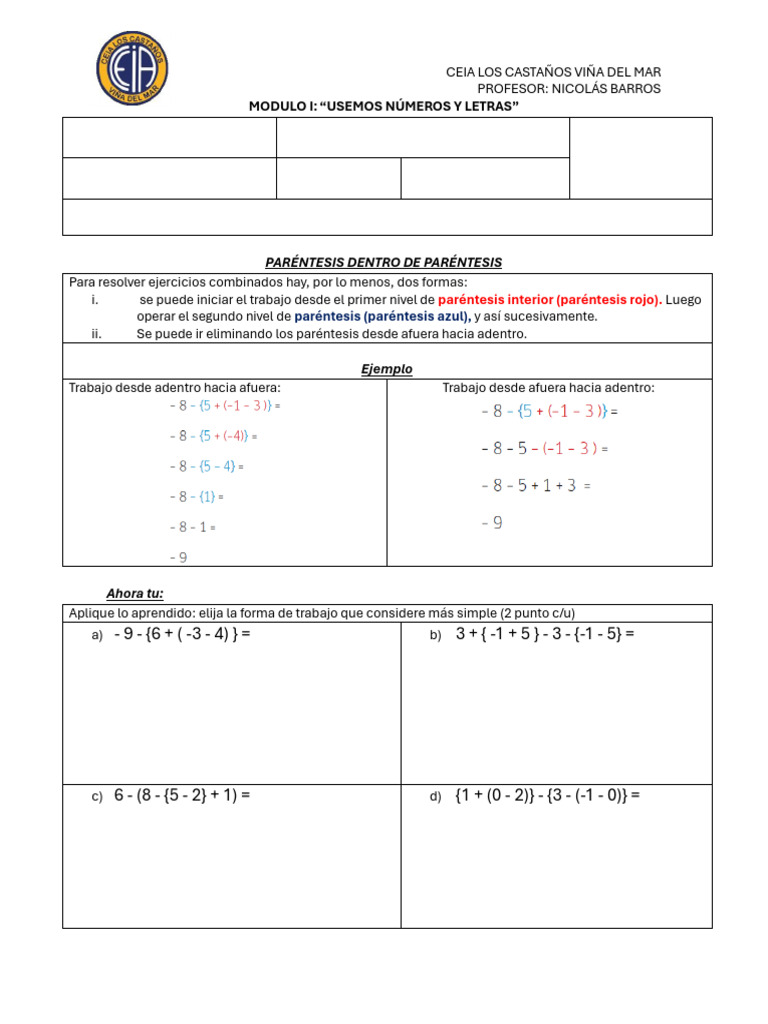 1° NEM-g6 - Operaciones Con Parentesis Dentro de Parentesis | PDF