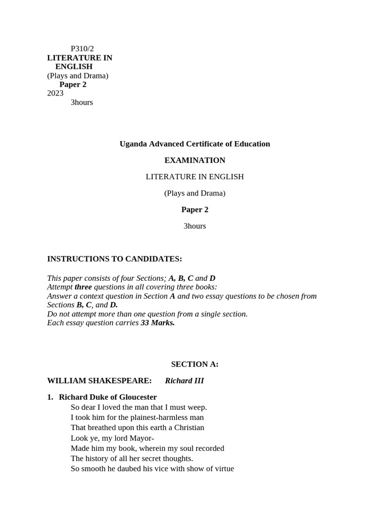 s6 Lit 2 Question Paper 2023 | PDF | Richard Iii Of England