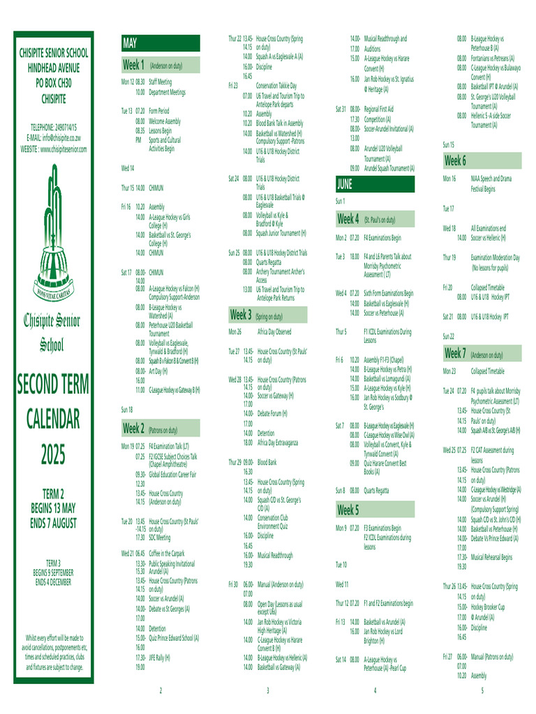 Chisipite Senior School Term 2 Calendar 2025 | PDF | Sports