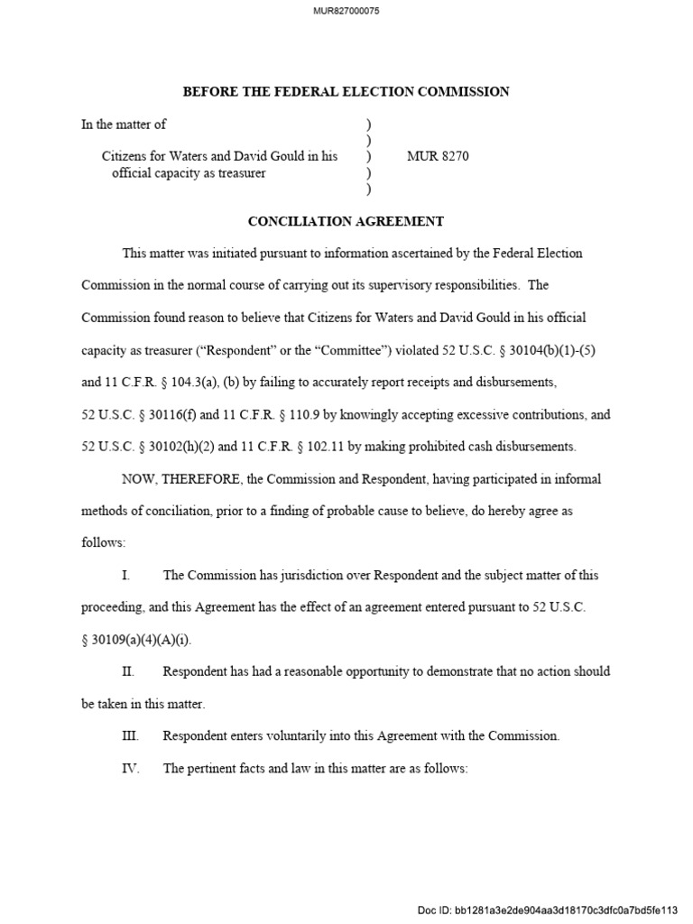 Maxine Waters - Conciliation Agreement | PDF | Government | Federal ...