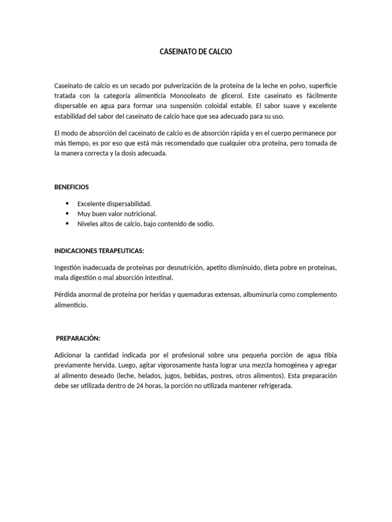 Dosis y beneficios del caseinato de calcio | PDF