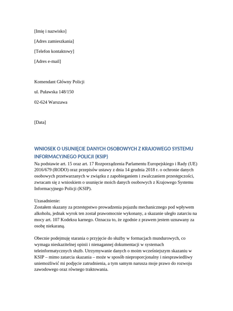 Wniosek Usuniecie Danych KSIP | PDF