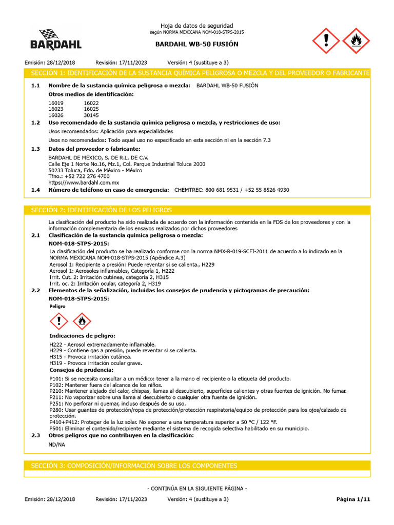 Hoja de Seguridad BARDAHL WB-50 FUSIÓN | PDF | Residuos | Mercancías ...