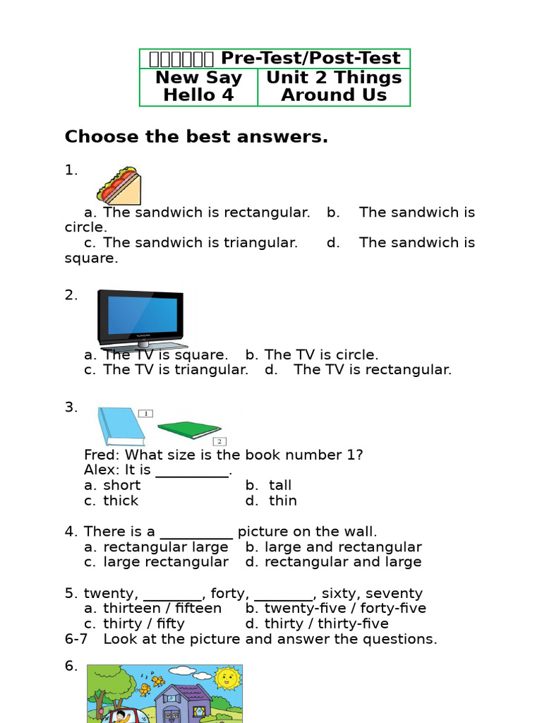 Pre-Post Test Hello 4 - Unit 2 | PDF