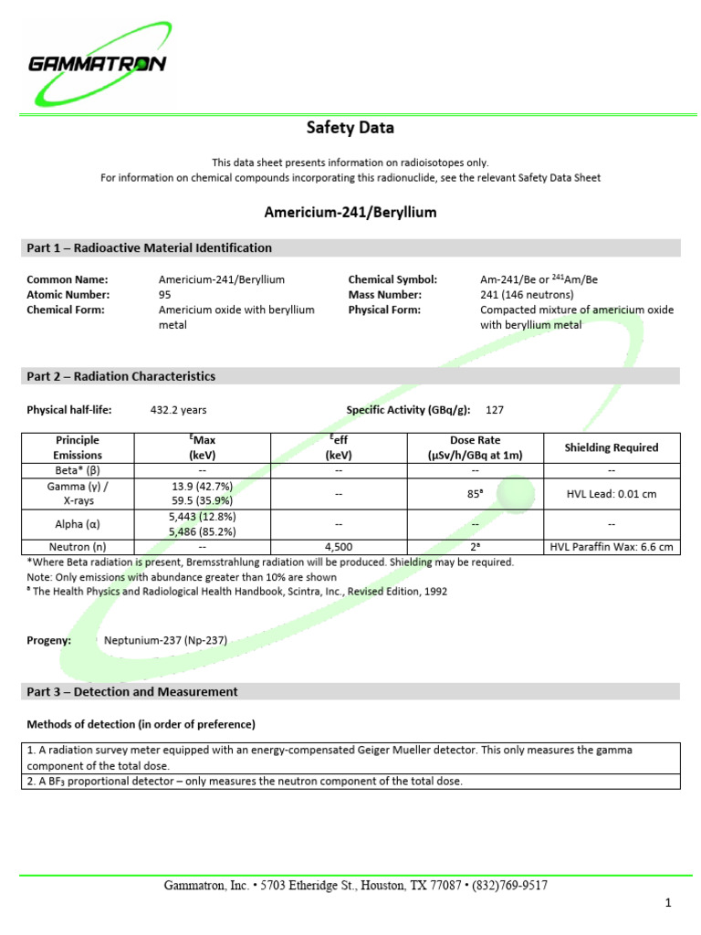 Americium-241/Beryllium Safety Data | PDF | Ionizing Radiation ...