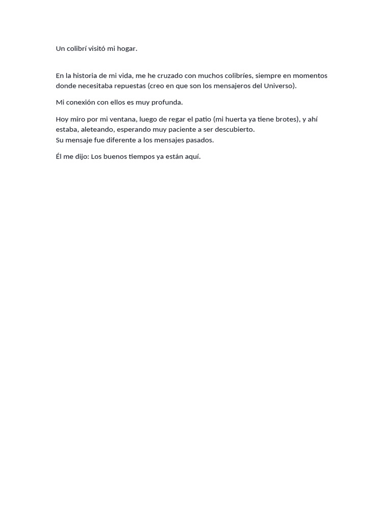 Un Colibrí Visitó Mi Hogar | PDF