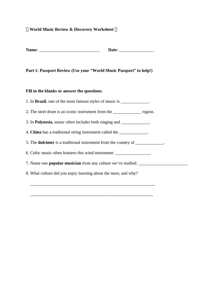 6th Grade Music - World Music Passport Worksheet | PDF