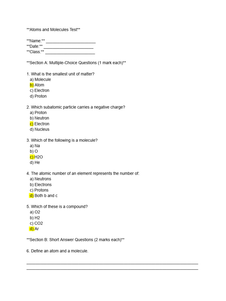Atoms and Molecules Test Answers | PDF | Atoms | Proton