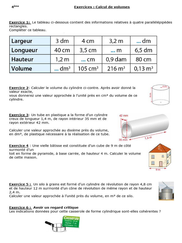 Exercices de calcul de volumes 4ème | PDF