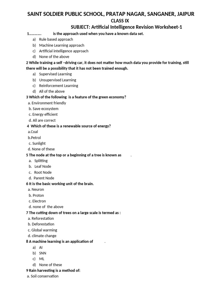 Class 9 AI Revision Worksheet | PDF | Machine Learning | Artificial ...
