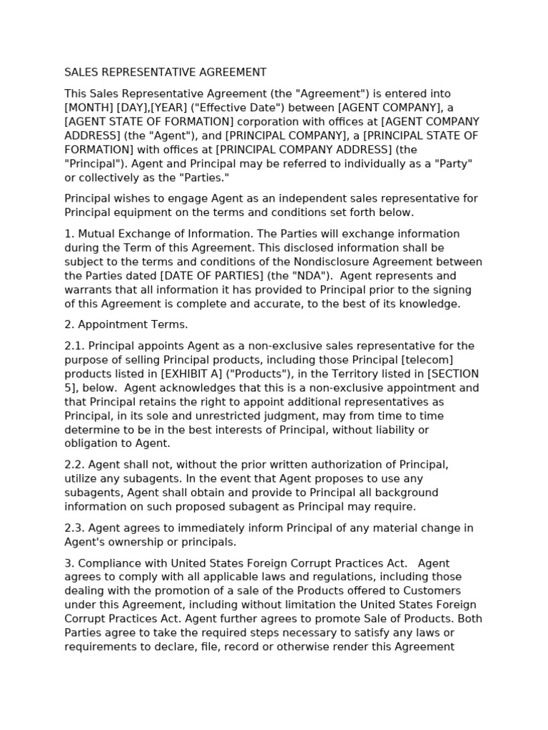 Sample Sales Representative Agreement Between Agent and Principal | PDF ...