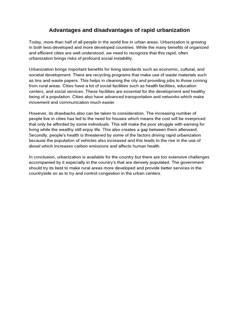 Advantages and Disadvantages of Rapid Urbanization | PDF