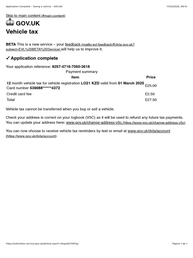 Vehicle Tax Application Confirmation | PDF