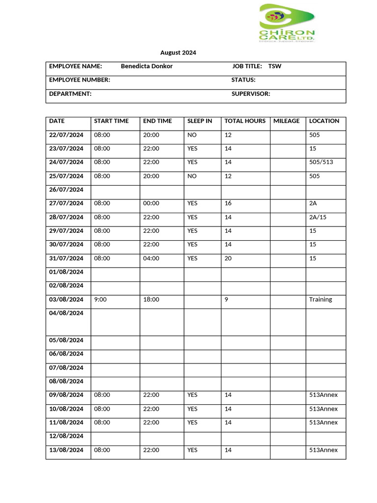 Staff Time Sheets - August.2024 | PDF