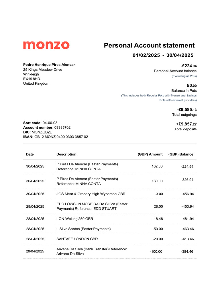 Monzo - Bank - Statement - 2025 02 01 2025 04 30 - 4012ok | PDF ...