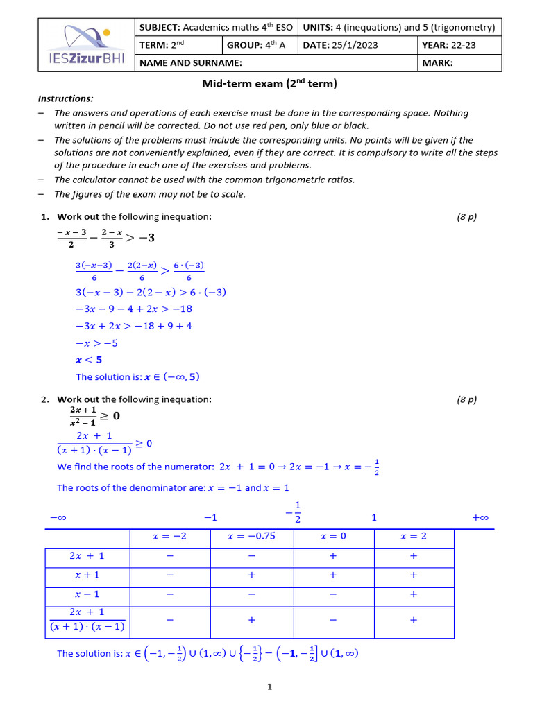 E4A2-1 - Mid-Term Exam (2st Tem) - Solutions | PDF | Angle | Triangle
