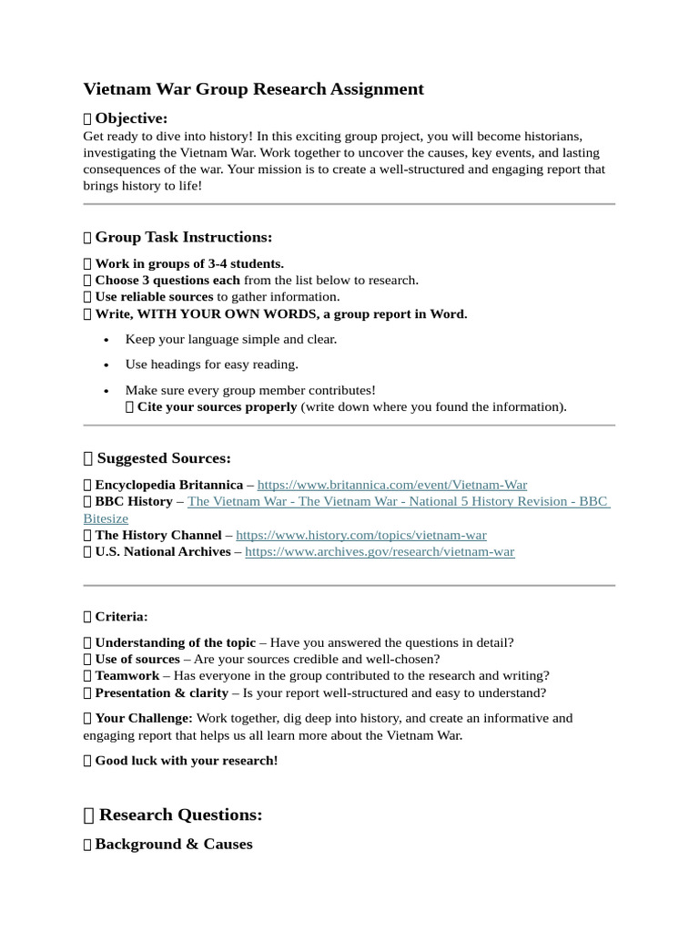 Vietnam War Group Research Project Guide | PDF | Vietnam War | Vietnam
