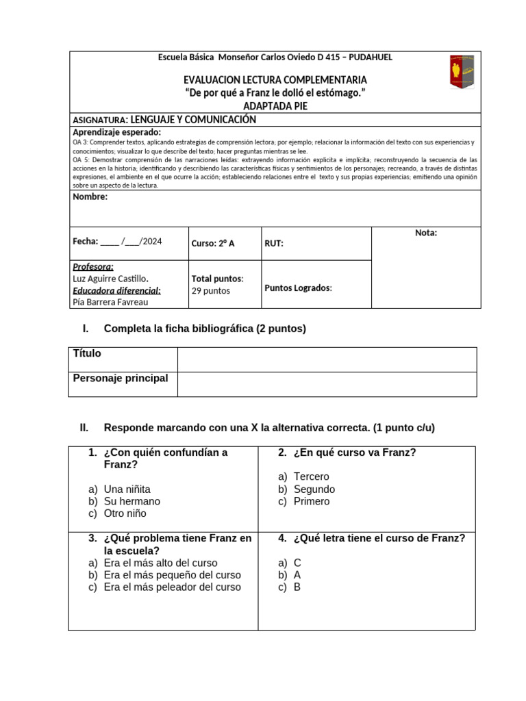 Evaluación de Comprensión Lectora: Franz | PDF | Modificación de ...
