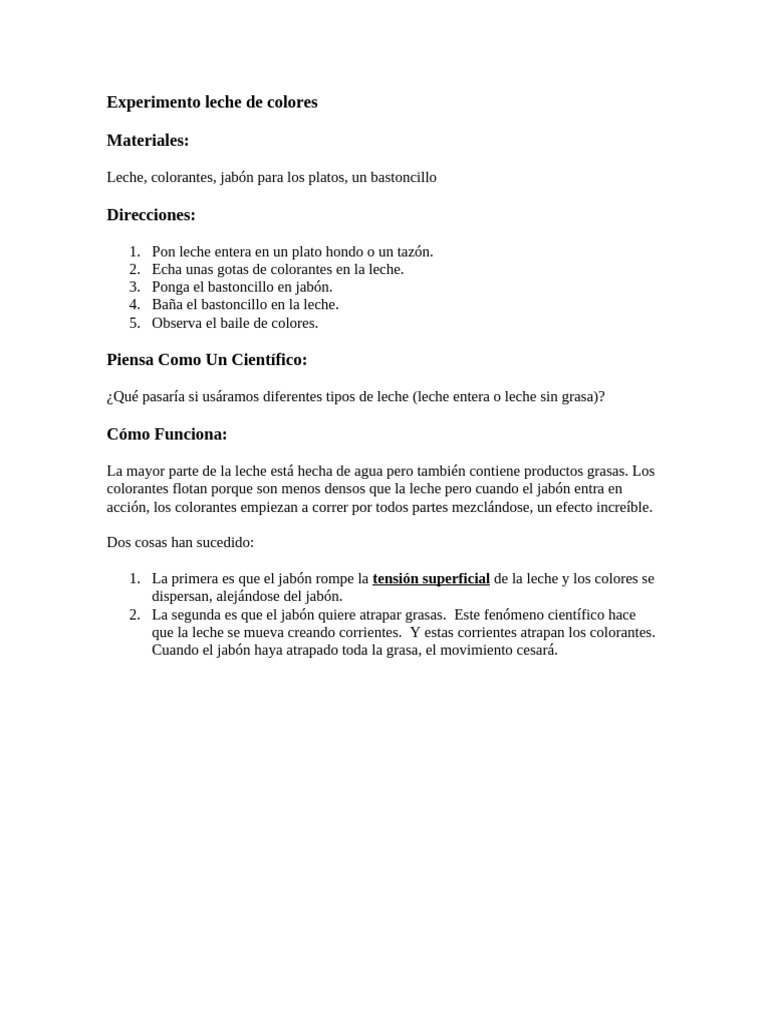Experimento de Leche de Colores | PDF