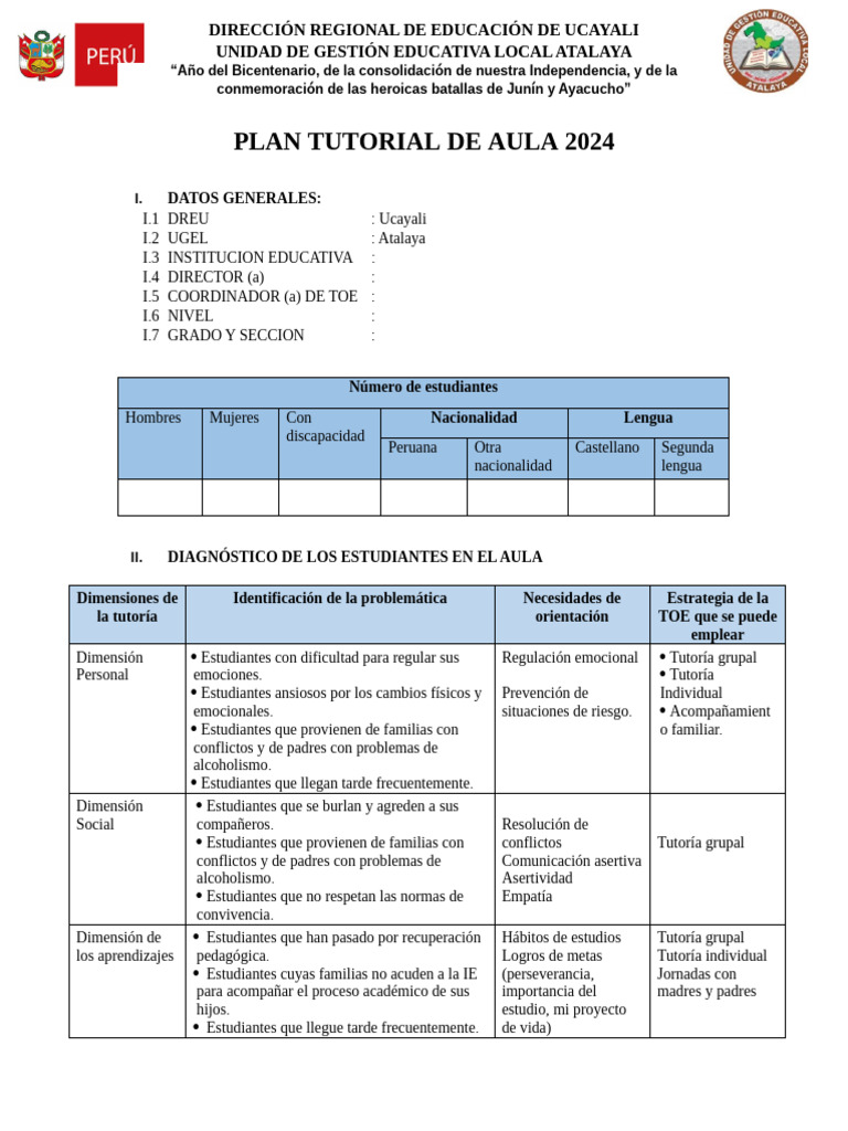 Plan Tutorial de Aula 2024 | PDF | Las emociones | Salón de clases