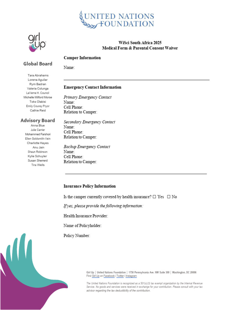 WiSci South Africa 2025 - Camper Medical Release Form | PDF | Health ...