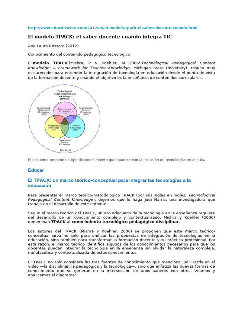 El Modelo TPACK | PDF | Enseñando | Cognición