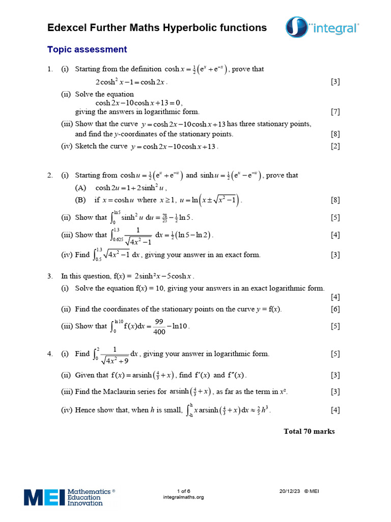 Edexcel A Level Further Maths Hyperbolic Functions Pdf Functions And Mappings Classical