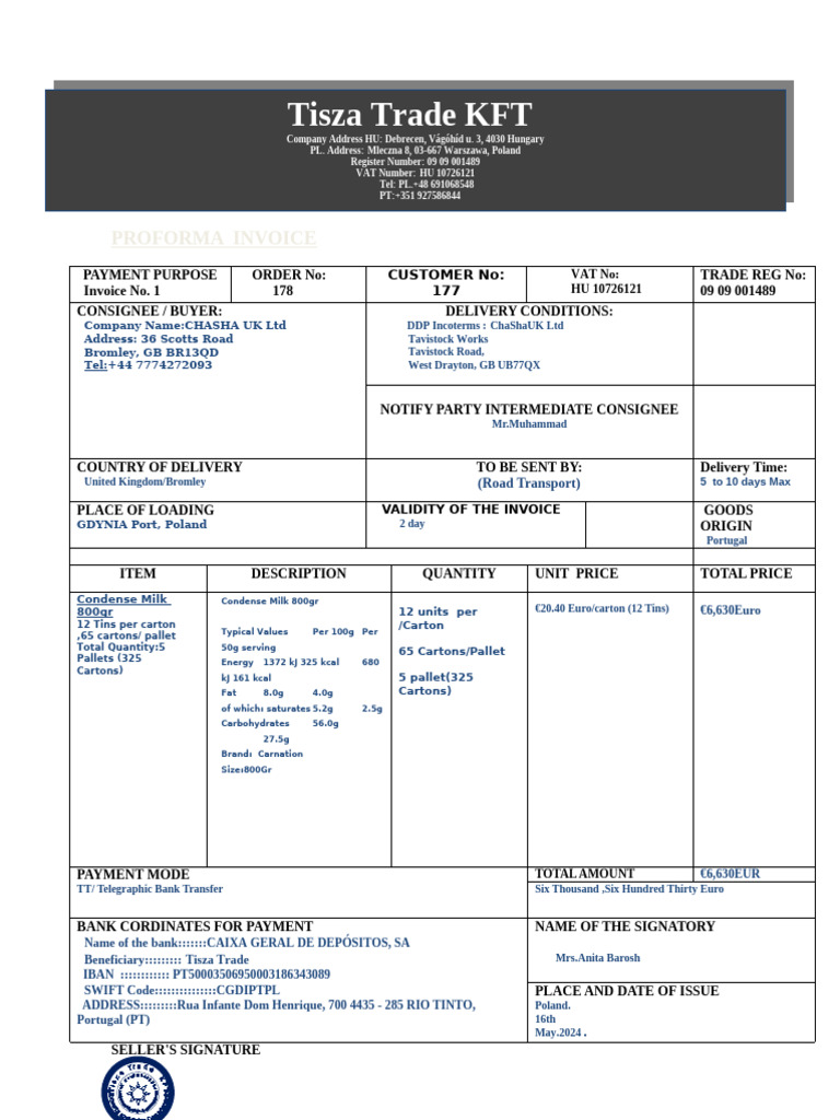Proforma Invoice For Condense Milk | PDF | Invoice