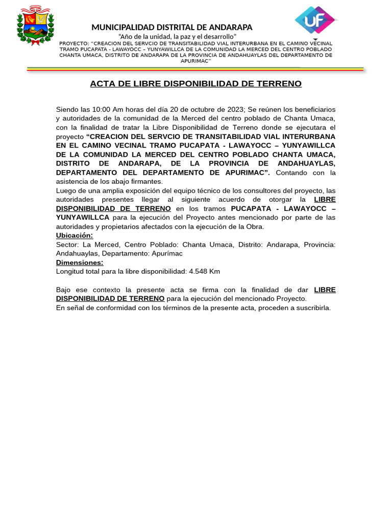 Acta de Libre Disponibilidad de Terreno | PDF