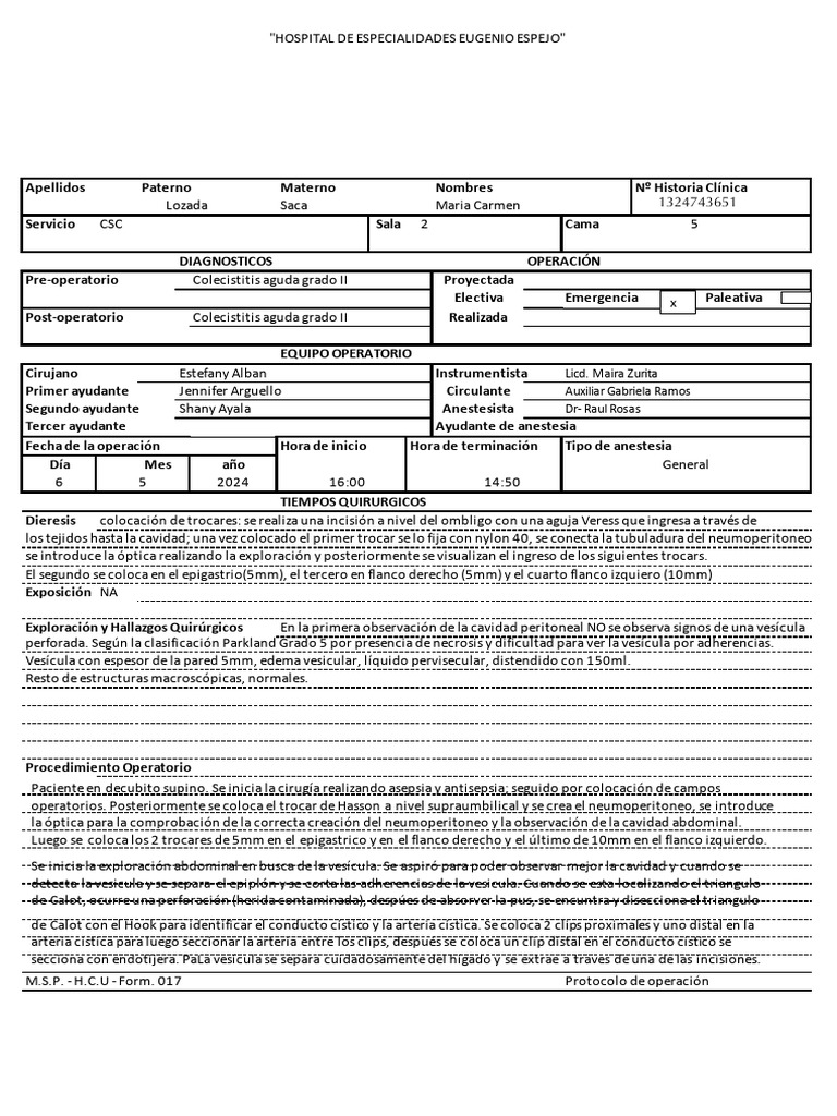 Protocolo Operatorio, Nota e Indicaciones Posoperatoria | PDF | Cirugía | Vesícula biliar