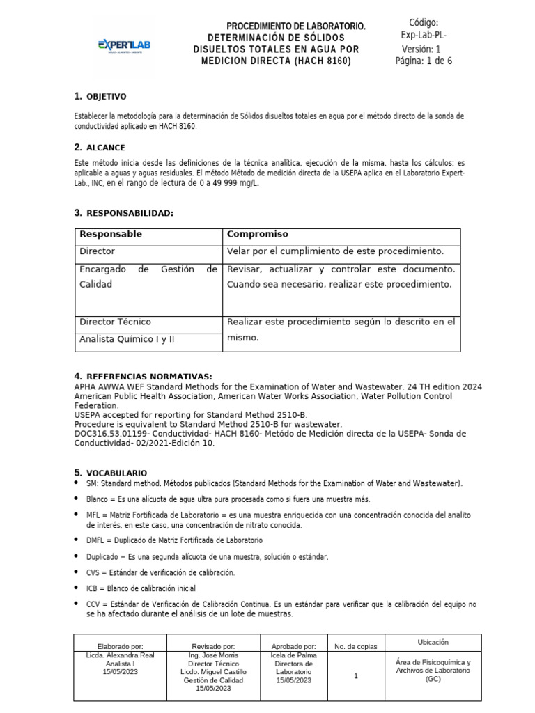EXP-LAB-PL - Determinación de Sólidos Disueltos Totales en Agua Por Medición Directa (HACH 8160 ...
