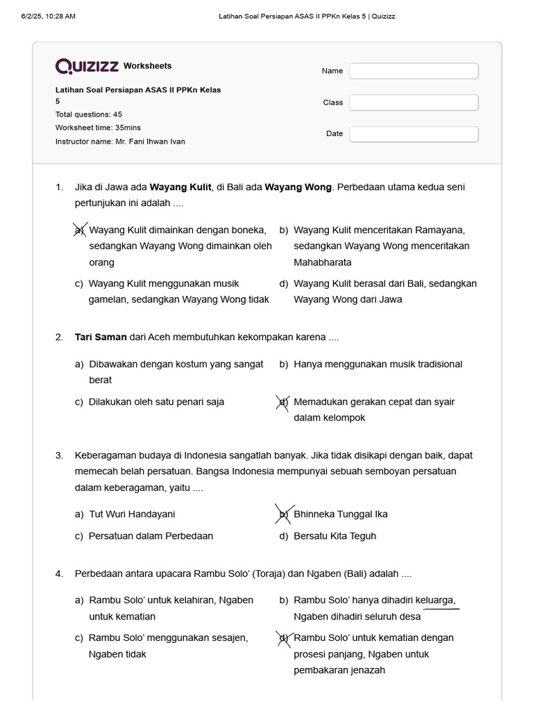 Latihan Soal Persiapan ASAS II PPKN Kelas 5 - Quizizz | PDF