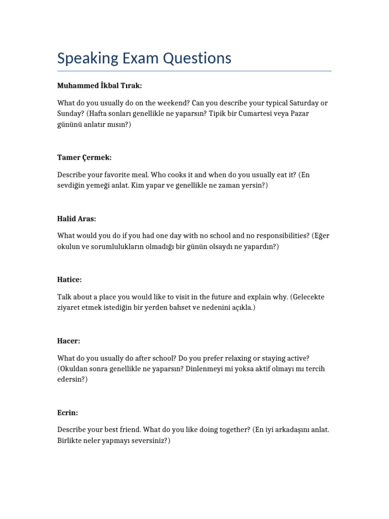 Speaking Exam Questions TR | PDF